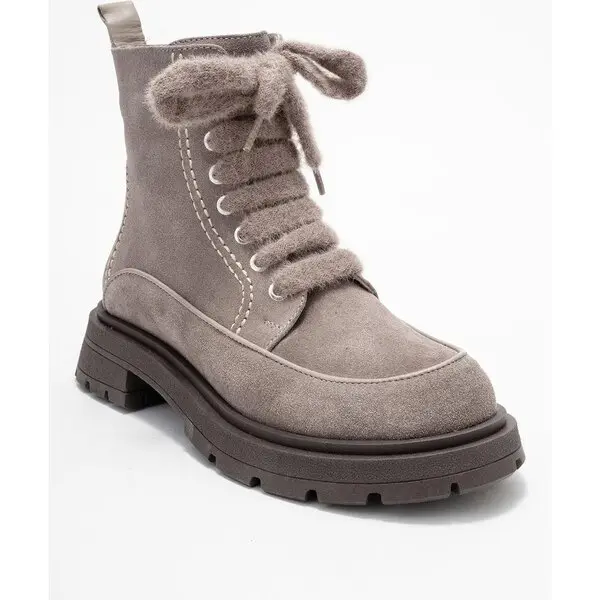 FOREVER & ALWAYS SHOES Mina Leather Combat Boot - Grey Suede Leather