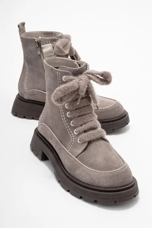 FOREVER & ALWAYS SHOES Mina Leather Combat Boot - Grey Suede Leather