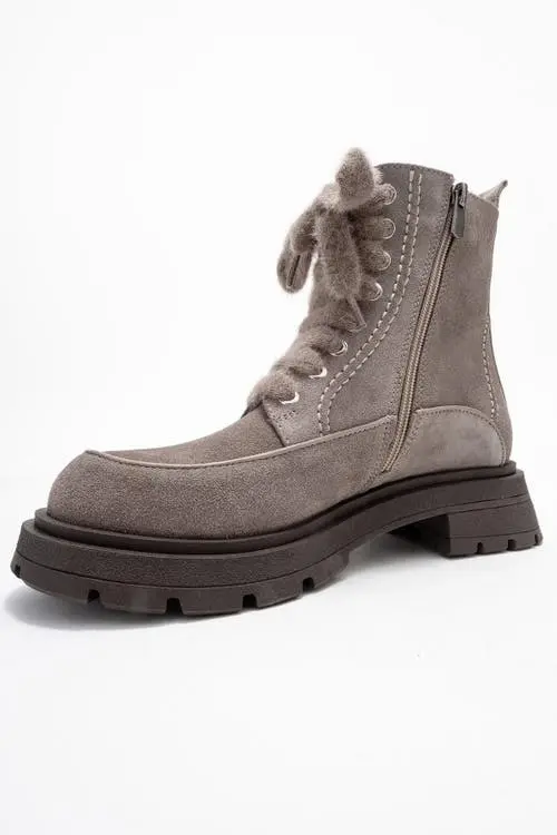 FOREVER & ALWAYS SHOES Mina Leather Combat Boot - Grey Suede Leather