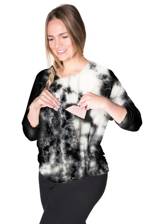 BUN MATERNITY NURSING APPAREL Bliss Long Sleeve Nursing Top - Black White Tie Dye Mist