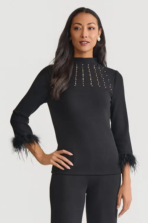 Ming Wang Embellished High Neck Knit Top