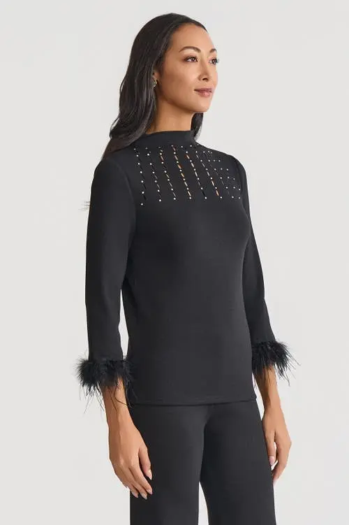 Ming Wang Embellished High Neck Knit Top