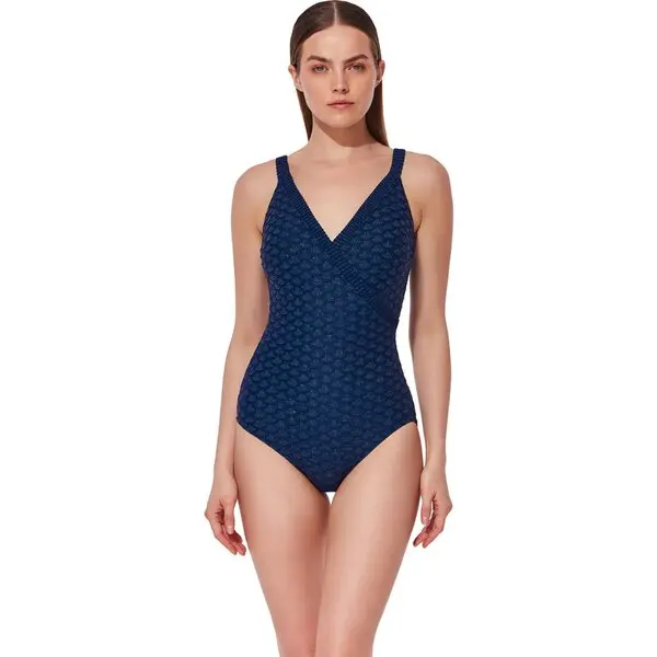 GOTTEX Scaled Up Surplice Knit One Piece - Navy-turquoise