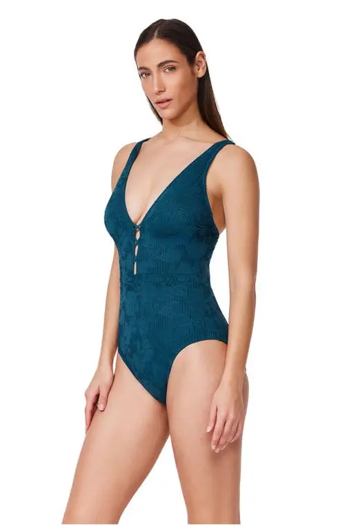 GOTTEX Jolene Textured Deep V Neck One Piece - Petrol
