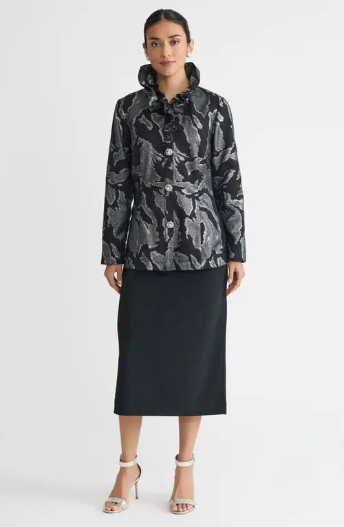 Ming Wang Tailored Shimmer Ruffle Neck Woven Jacquard Jacket