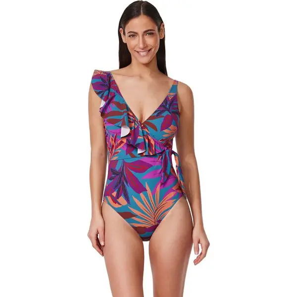 GOTTEX Plantopia V-neck Surplice Ruffle One Piece - Multi-teal
