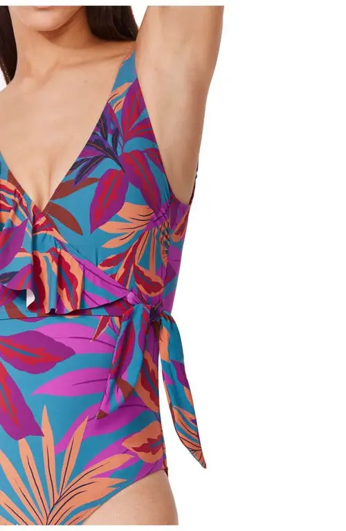 GOTTEX Plantopia V-neck Surplice Ruffle One Piece - Multi-teal