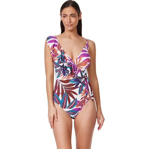 GOTTEX Plantopia V-neck Surplice Ruffle One Piece - Multi