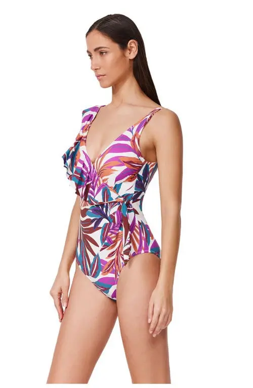 GOTTEX Plantopia V-neck Surplice Ruffle One Piece - Multi