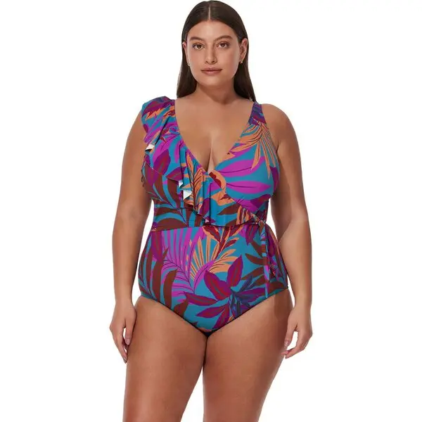 GOTTEX Plantopia V-neck Surplice Ruffle One Piece - Multi-teal