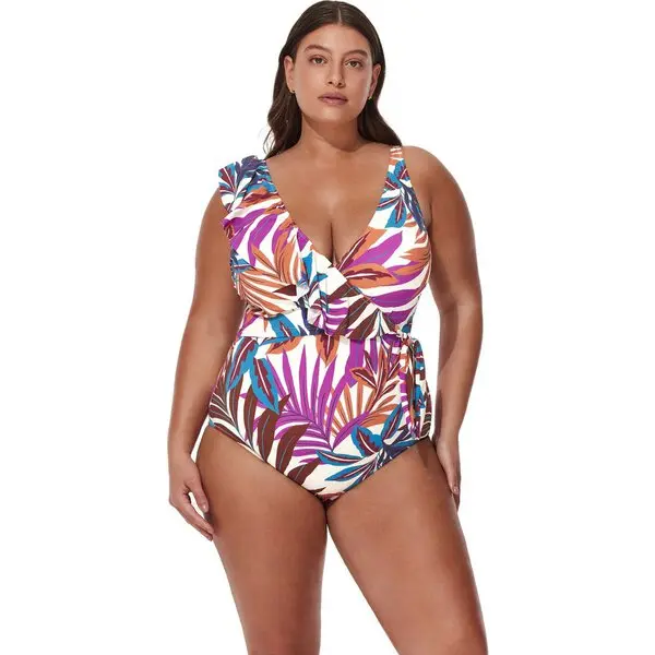 GOTTEX Plantopia V-neck Surplice Ruffle One Piece - Multi