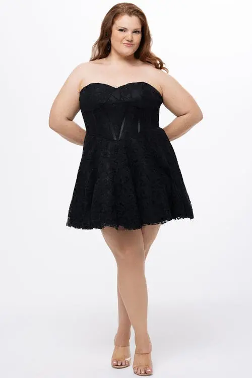SYDNEY'S CLOSET Strapless Lace Bustier Mini Dress