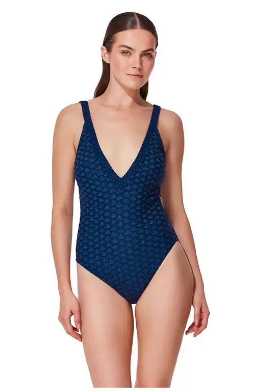 GOTTEX Scaled Up Deep V Knit One Piece - Navy-turquoise
