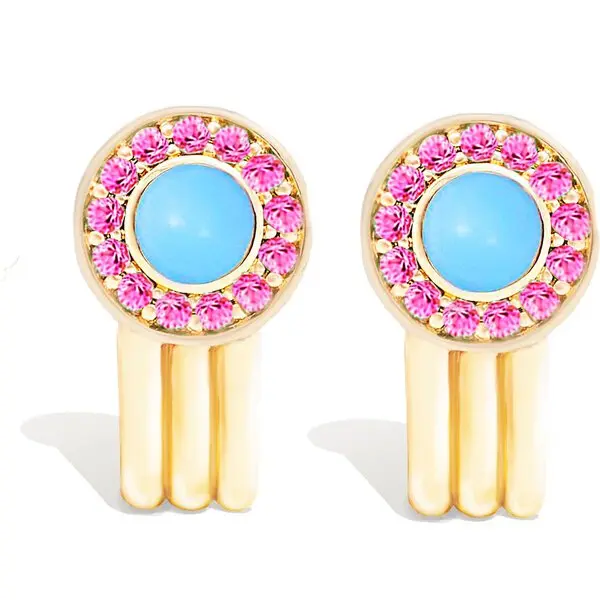 CAMPBELL + CHARLOTTE Found Cabochon Huggie Earrings - Turquoise & Pink Sapphire-gold