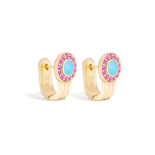 CAMPBELL + CHARLOTTE Found Cabochon Huggie Earrings - Turquoise & Pink Sapphire-gold