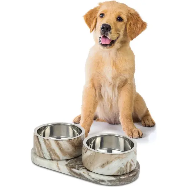 THE LICKER STORE Marbre Small/medium Modern Weighted Double Marble And Stainless Steel Bowl 12oz Feeder With Non-slip Marble Tray Set - Beige/gray