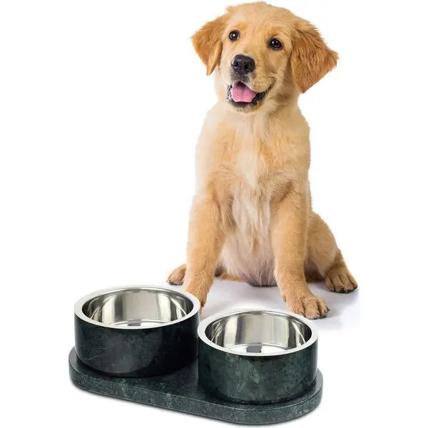 THE LICKER STORE Marbre Small/medium Modern Weighted Double Marble And Stainless Steel Bowl 12oz Feeder With Non-slip Marble Tray Set - Green