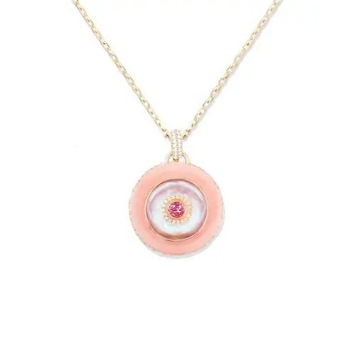 CAMPBELL + CHARLOTTE Evolve Stone Inlay Disk Pendant Necklace - Pink- Gold