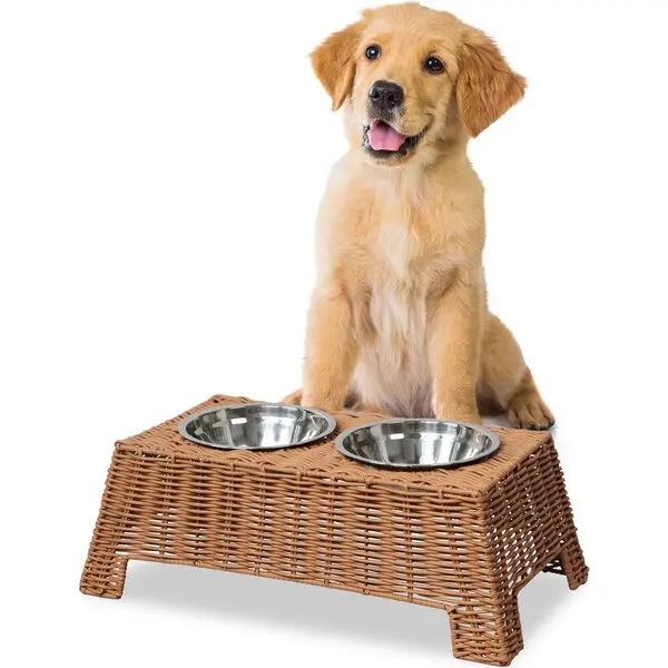 THE LICKER STORE Serenity 6.9" Small/medium Elevated Wicker Pet Feeder With 18oz 2-stainless Steel Bowls - Brown