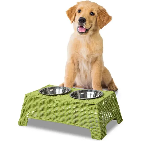 THE LICKER STORE Serenity 6.9" Small/medium Elevated Wicker Pet Feeder With 18oz 2-stainless Steel Bowls - Light Green