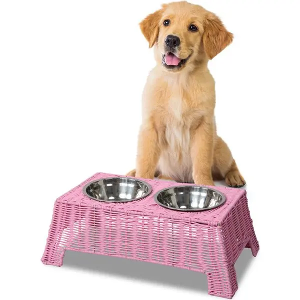 THE LICKER STORE Serenity 6.9" Small/medium Elevated Wicker Pet Feeder With 18oz 2-stainless Steel Bowls - Pink