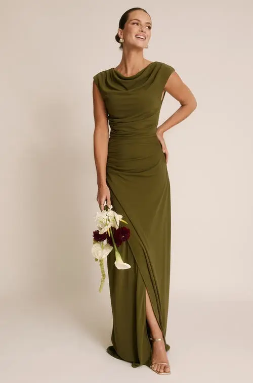 SIX STORIES Cowl Gathered Short Sleeve Bridesmaid Dress - Fern