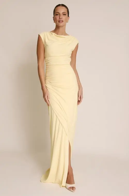 SIX STORIES Cowl Gathered Short Sleeve Bridesmaid Dress - Lemon