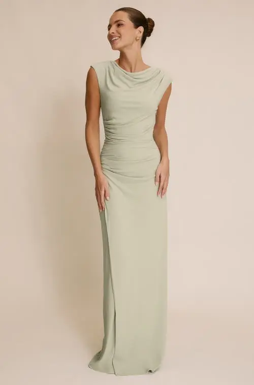 SIX STORIES Cowl Gathered Short Sleeve Bridesmaid Dress - Sage