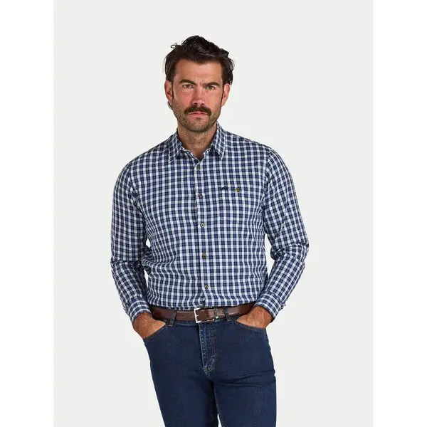 RAGING BULL Mod Check Brushed Cotton Twill Shirt - Navy