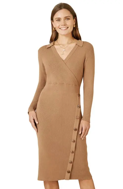 YUMI Knitted Button Detailed Midi Dress - Brown