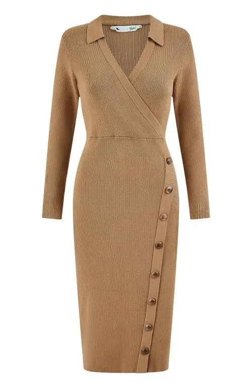 YUMI Knitted Button Detailed Midi Dress - Brown