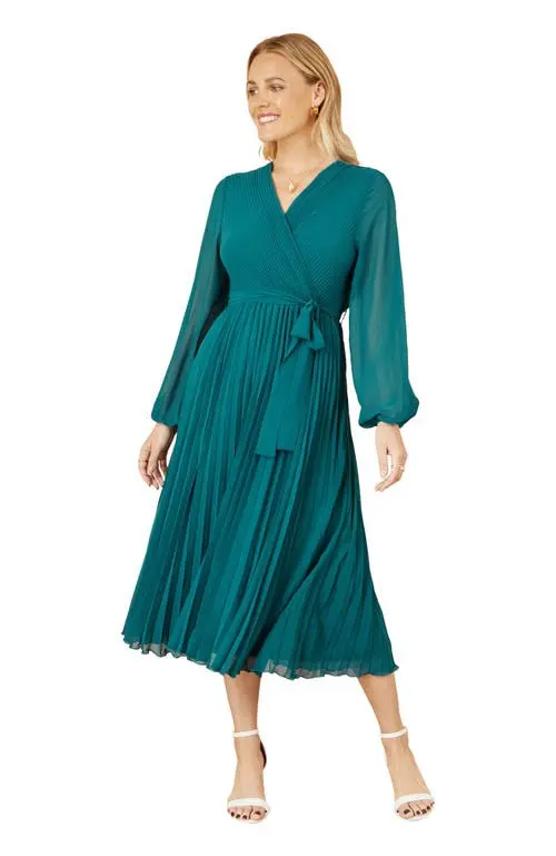 YUMI Long Sleeved Pleated Midi Wrap Dress - Teal