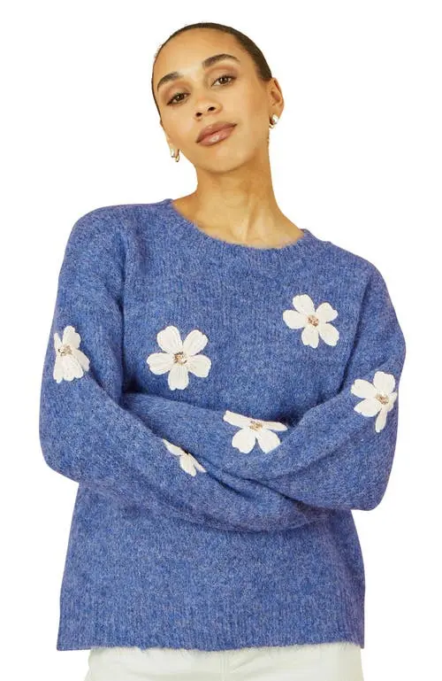 YUMI Crochet Flower Knit Relaxed Sweater - Blue
