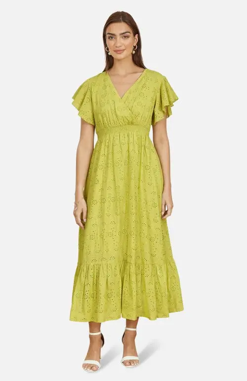 YUMI Cotton Broderie Anglaise Wrap Midi Dress - Lime Green