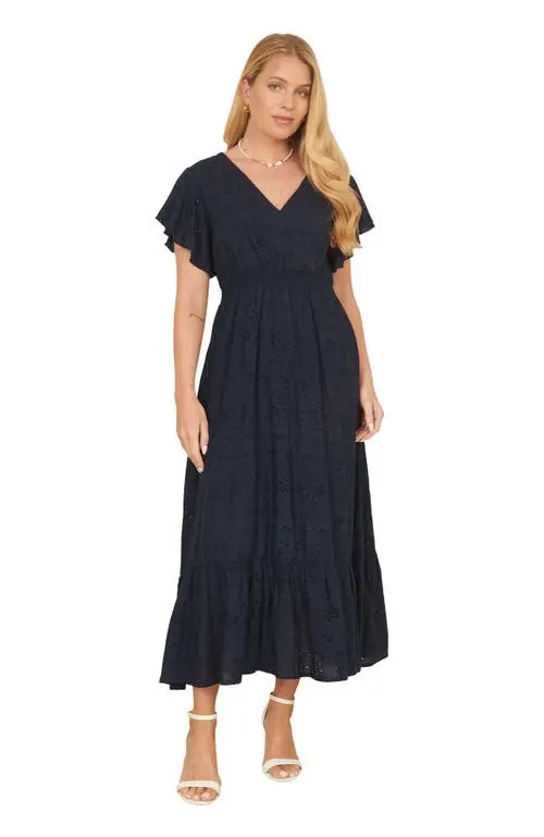 YUMI Cotton Broderie Anglaise Wrap Midi Dress - Navy