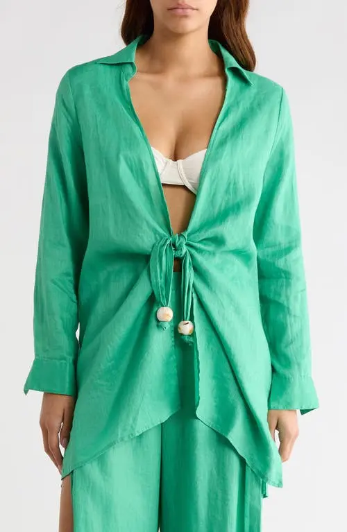 Elan Tie Front Long Sleeve Linen Cover-up - Green
