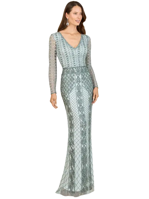 LARA NEW YORK Long Sleeve Beaded Tulle Dress - Lightblue