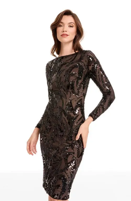 Dress The Population Emmalyn Sequin Long Sleeve Cocktail Midi Dress