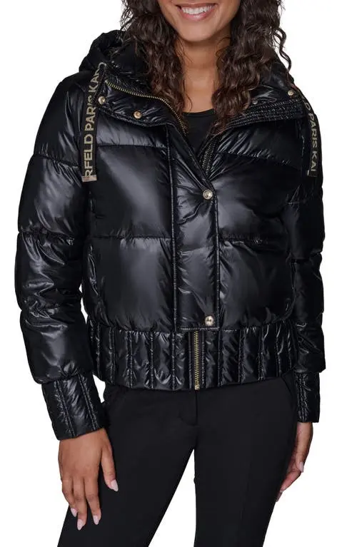 Karl Lagerfeld Paris Cropped Puffer Bomber Jacket - Black
