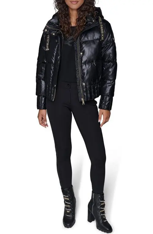 Karl Lagerfeld Paris Cropped Puffer Bomber Jacket - Black