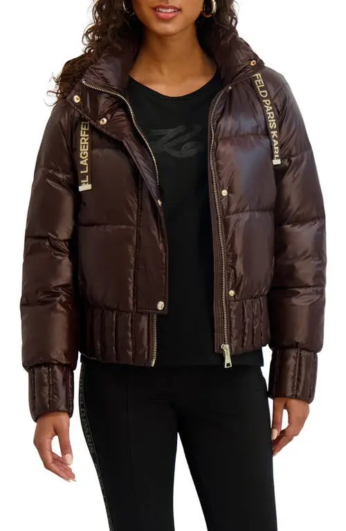 Karl Lagerfeld Paris Cropped Puffer Bomber Jacket - Chocolate