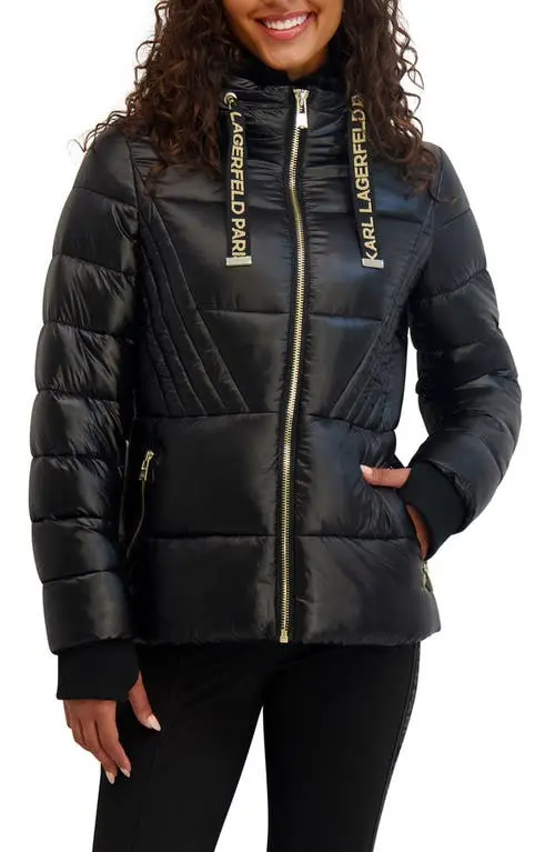 Karl Lagerfeld Paris Logo Tape Belted Quilted Puffer Jacket - Black