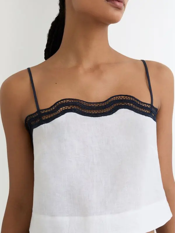 REISS Felicity Linen Cami Top - Ivory/navy