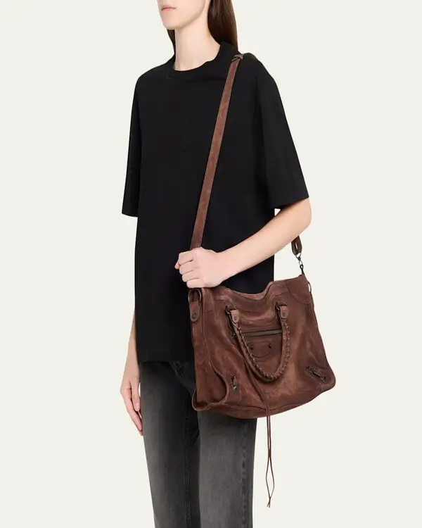 Balenciaga Le City Medium Suede Shoulder Bag