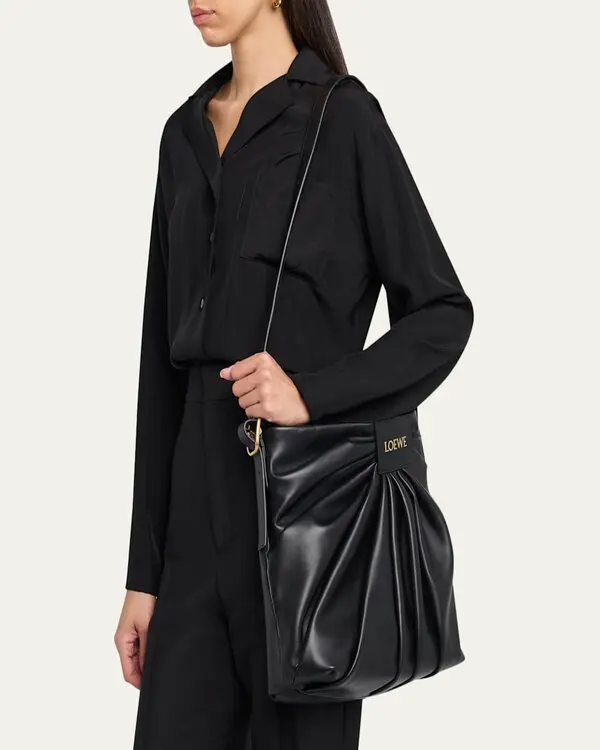 Loewe Pleated Leather Shoulder Bag - Black