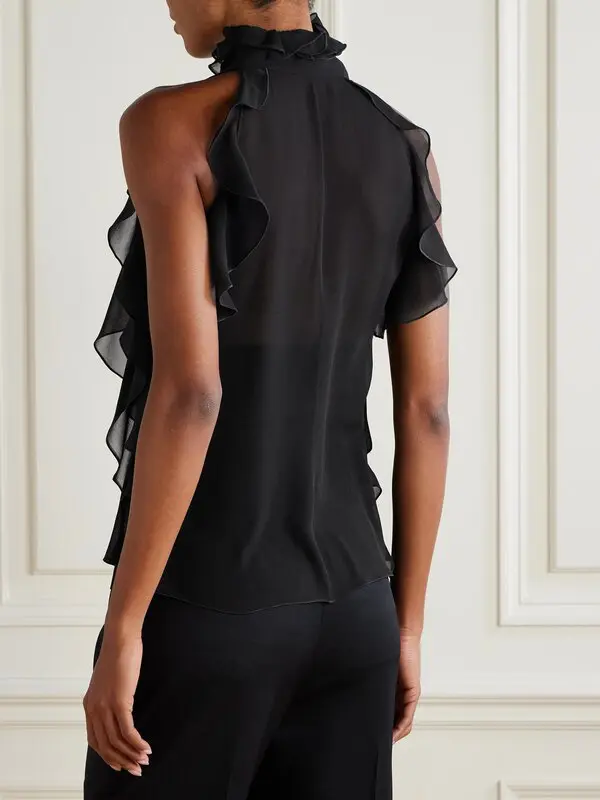Alexander McQueen Ruffled Cutout Silk-georgette Top - Black
