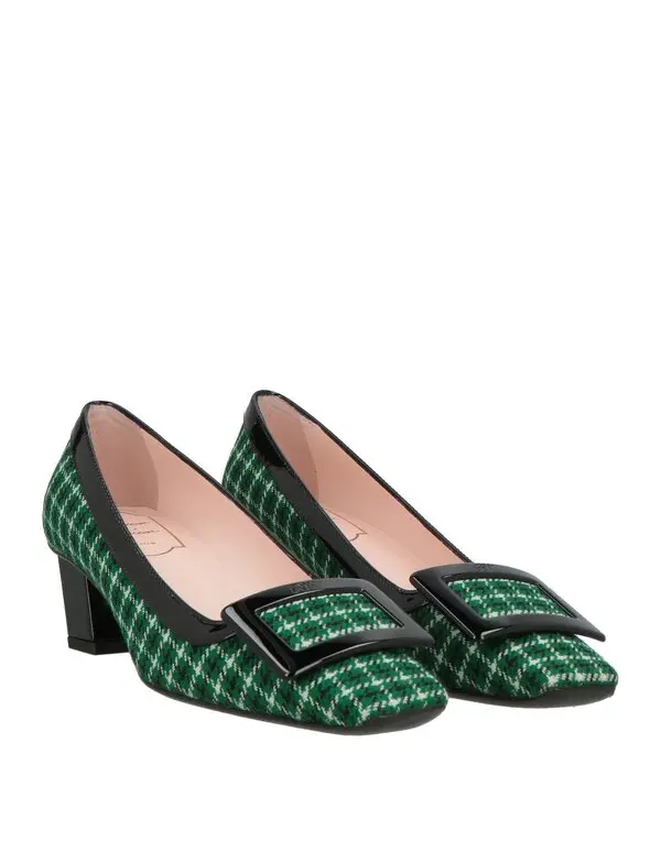 ROGER VIVIER Tweed Tartan Pumps With Patent Leather Trims And Block Heel