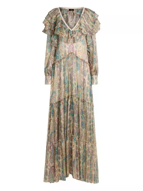 Etro Long Silk Dress With Floral Paisley Motif - Neutrals