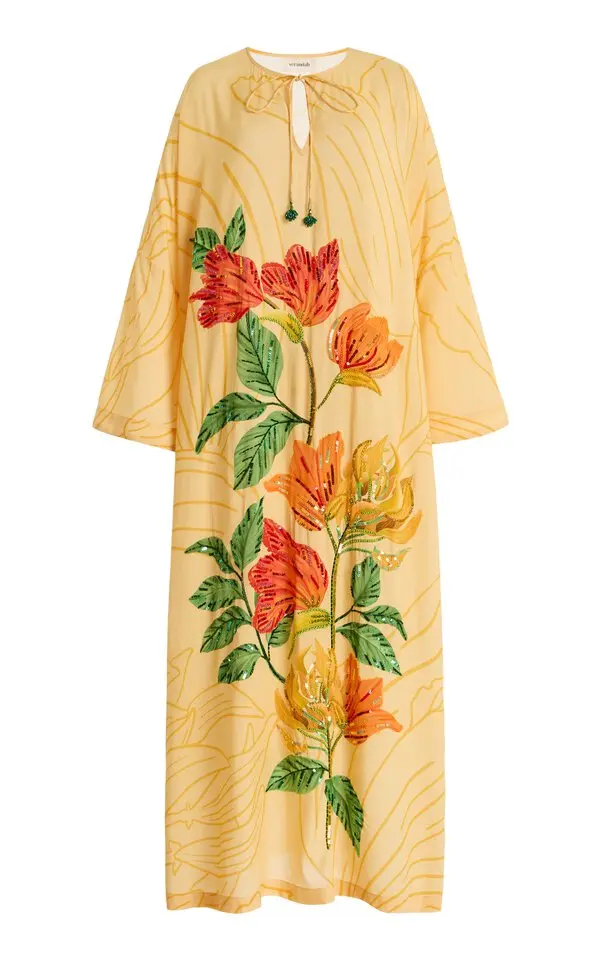 Verandah Embellished Viscose Kaftan Dress - Yellow