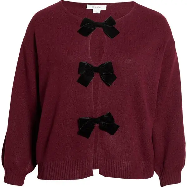 CECE DUPRAZ Velvet Bow Closure Cardigan - Cabernet